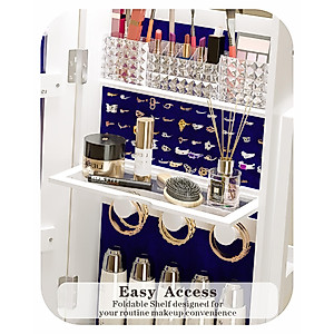 Full-Length Standing Mirror Jewelry Cabinet with Lights, Storage, and Rotating Shelf - White