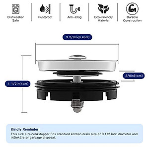 CLEESINK Kitchen Sink Strainer and Stopper Combo for Standard 3-3/8 Inch Drain, 2 in 1 Use Stainless Steel Sink Basket Strainer Replacement, Drain Cover Sink Filter with Stopper