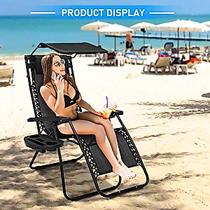 Zero Gravity Chair, 2 Pack Patio Lounge Chair Folding Outdoor Indoor Adjustable Backyard Recliner Chair Chaise with Cup Holder Tray and Canopy Shade for Pool, Beach, Lawn, Deck, Camping - Black