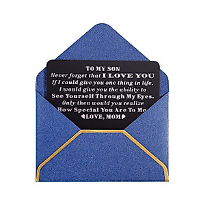 Personalized Engraved Message Wallet Card Inserts Customized for Son from Mom - I Love You - Birthday Christmas Graduation Deployment - Unique Custom Metal Cards for Him from Mother