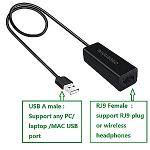 RJ9 to USB Headset Adapter Compatible with Plantronics/Jabra/Wireless DECT Headsets,for Computer/Notebook/Mac/Tablet USB Male to RJ9 Female