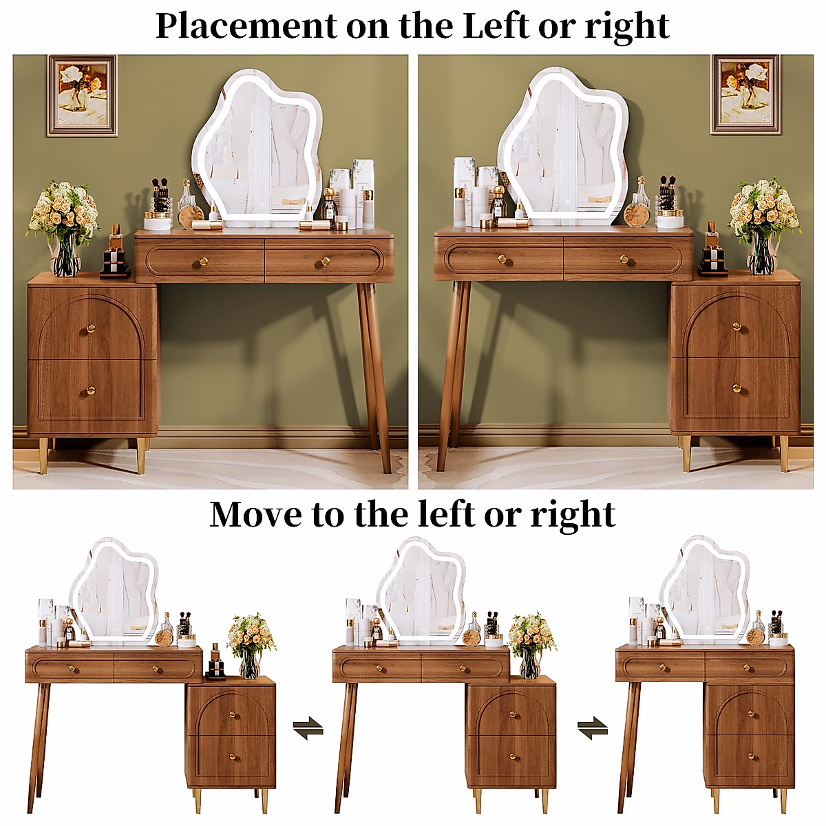 Chrangmay Stylish Corner Vanity Desk with Mirror and Lights,Small Makeup Vanity with 4 Drawers,Modern Makeup Table with Adjustable Cabinet for Bedroom,Makeup Room,Writing Desk,Brown