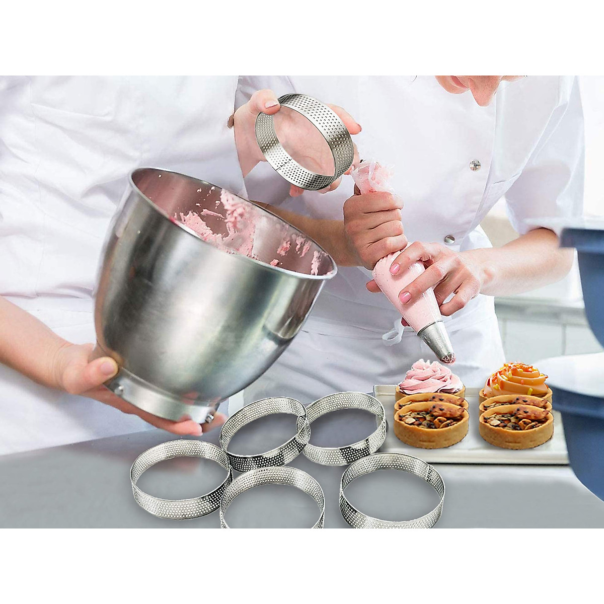Newline NY Stainless Steel French Pastry Tart Ring Baking Kit - 6 Perforated Round Dessert Rings + 3 Nozzles + 1 Sample Decorating Piping Bag Kit