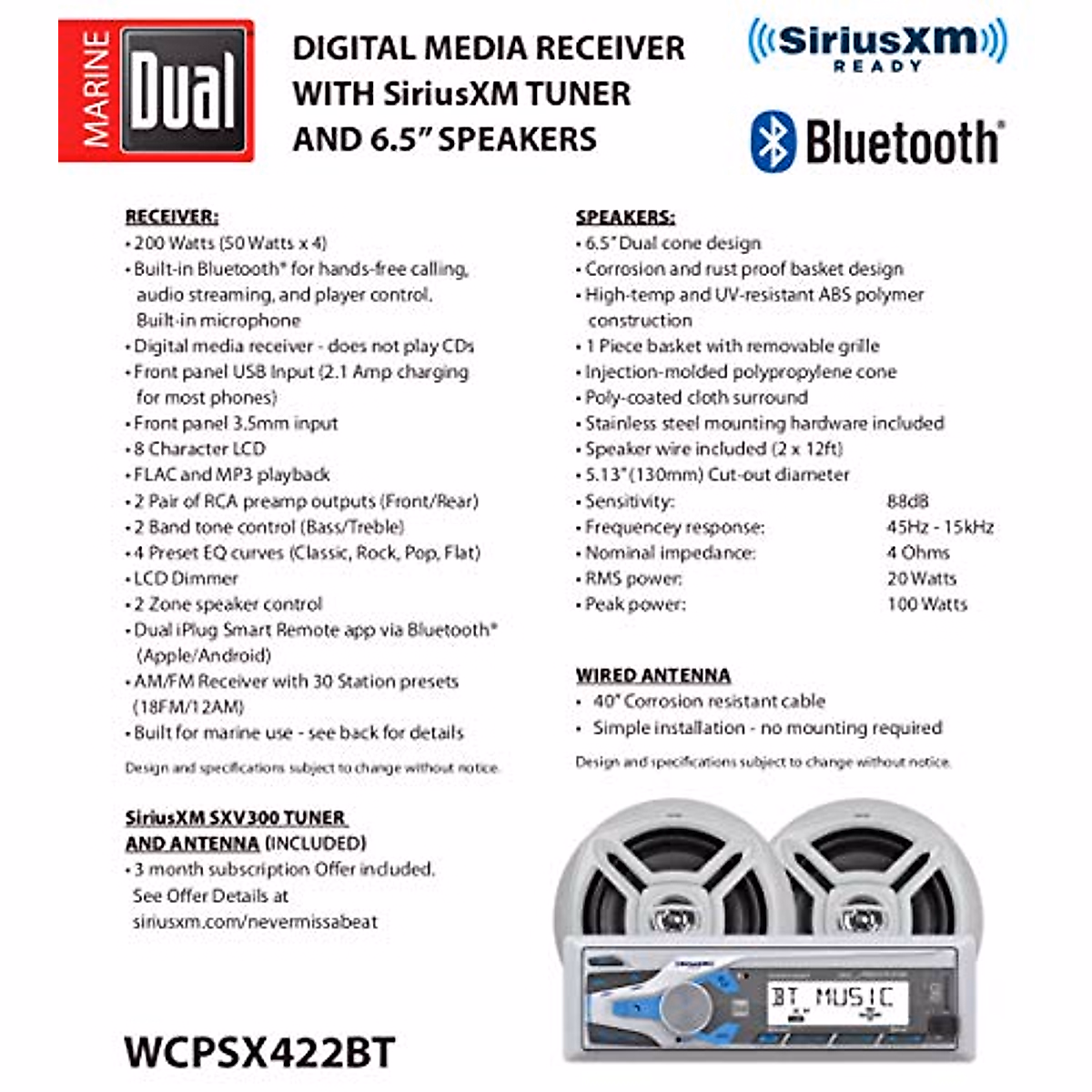Dual Electronics WCPSX422BT Marine Stereo LCD Single DIN | Marine Radio with Built-in Bluetooth | SiriusXM SXV300 Tuner | Two 6.5-inch Dual Cone Marine Speakers and Marine Antenna