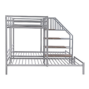 Harper & Bright Designs Triple Bunk Beds with Stairs, Metal Twin Over Twin & Twin Bunk Beds with Storage Shelves,3 Bed Bunk Beds for Kids, Girls, Boys,Teens,Silver