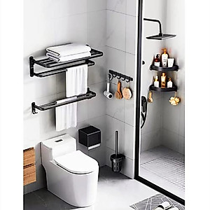 3-Tier Corner Shower Caddy,Bathroom Corner Shelves, Stainless Steel No-drilling Bathroom Organizer,Shower Shampoo Organizer Storage Rack Holder for Toilet Accesso,6 Metal Hooks with Caps(Black)