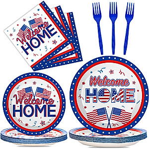 100Pcs Military Welcome Home Decorations Deployment Returning Party Supplies Set Patriotic Army Homecoming Party Decor Favors Welcome Home Back Tableware Paper Plates Napkins Forks Serve 25 Guests