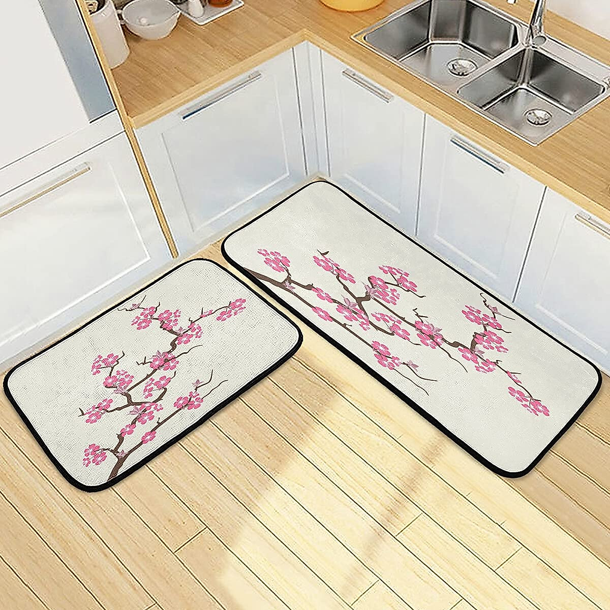 ALAZA Cherry Blossom Flower Blossom Floral Non Slip Kitchen Floor Mat Set of 2 Piece Kitchen Rug 47 x 20 inches + 28 x 20 inches for Entryway Hallway Bathroom Living Roo