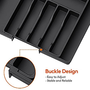 Lifewit Silverware Drawer Organizer, Expandable Utensil Tray for Kitchen, Adjustable Flatware and Cutlery Holder, Compact Plastic Storage for Spoons Forks Knives, Large, Black