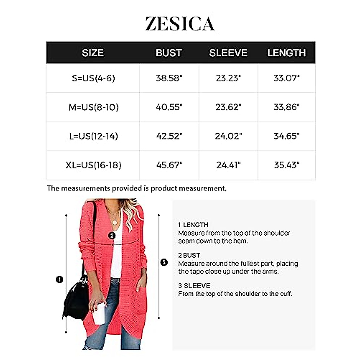 ZESICA Women's 2023 Fall Long Sleeve Open Front Cardigans Casual Lightweight Soft Chunky Knit Draped Sweaters Outerwears,Watermelon,Medium