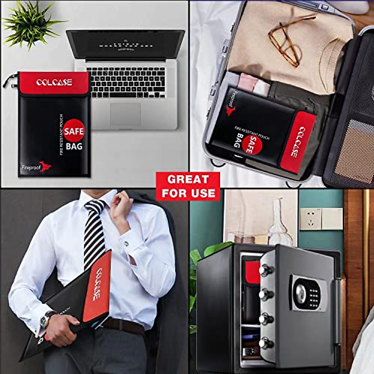 COLCASE Upgraded 2 Pockets Fireproof Document Bag (2000 ℉)15 x 11 Inches Silicone Coated Fireproof and Waterproof Money Bag Fireproof Safe Storage for Money, Documents, Jewelry and Passport