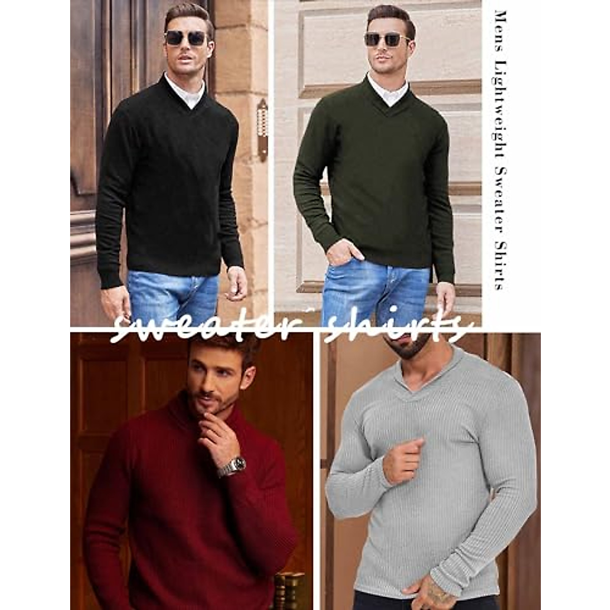 ZAFUL Mens Shawl Collar V Neck Sweater Shirts Lightweight Long Sleeve T Shirts Fitted Knitted Pullover Thermal Top Light Grey
