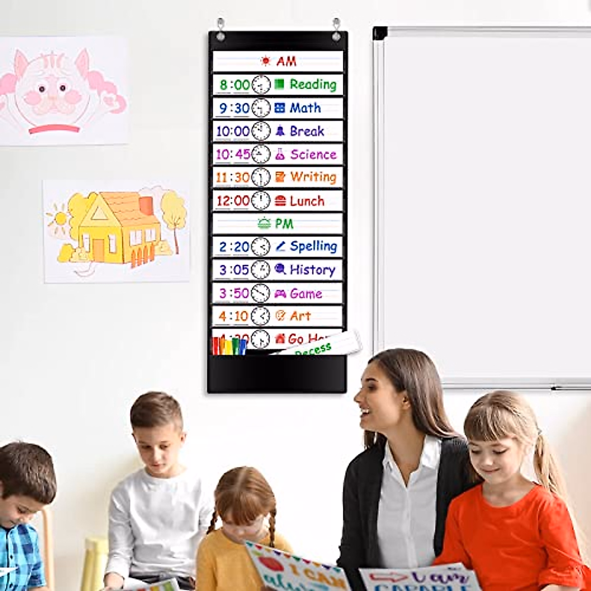 VNOM Daily Schedule Pocket Chart, Class Schedule with 13+1 Pockets 18 Dry Eraser Cards 2 Easy Over Door Mountings for Classroom, School, Office or Home (13” x 35.5”) (BLACK)