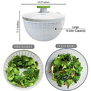 Brieftons 6.2-Quart Large Salad Spinner: Vegetable Washer Dryer Drainer Strainer with Bowl & Colander, Easy One-Handed Pump, Compact Storage, for Washing, Cleaning & Drying Greens, Vegetables, Fruits