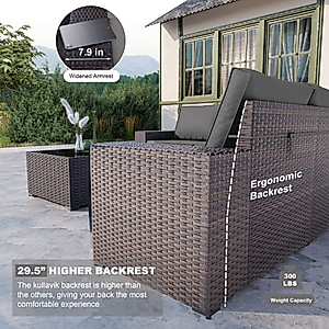 Kullavik Outdoor Patio Furniture Set 6 Pieces Sectional Rattan Sofa Set Brown PE Rattan Wicker Patio Conversation Set with 5 Grey Seat Cushions and 1 Tempered Glass Table