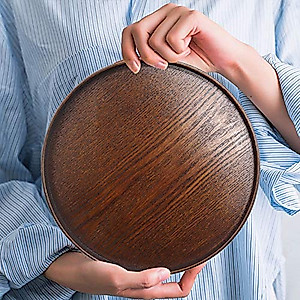 NC Solid Wood Serving Tray, Round Non-Slip Tea Coffee Snack Plate Food Meals Serving Tray with Raised Edges for Home Kitchen Restaurant (8.2inch, Brown)