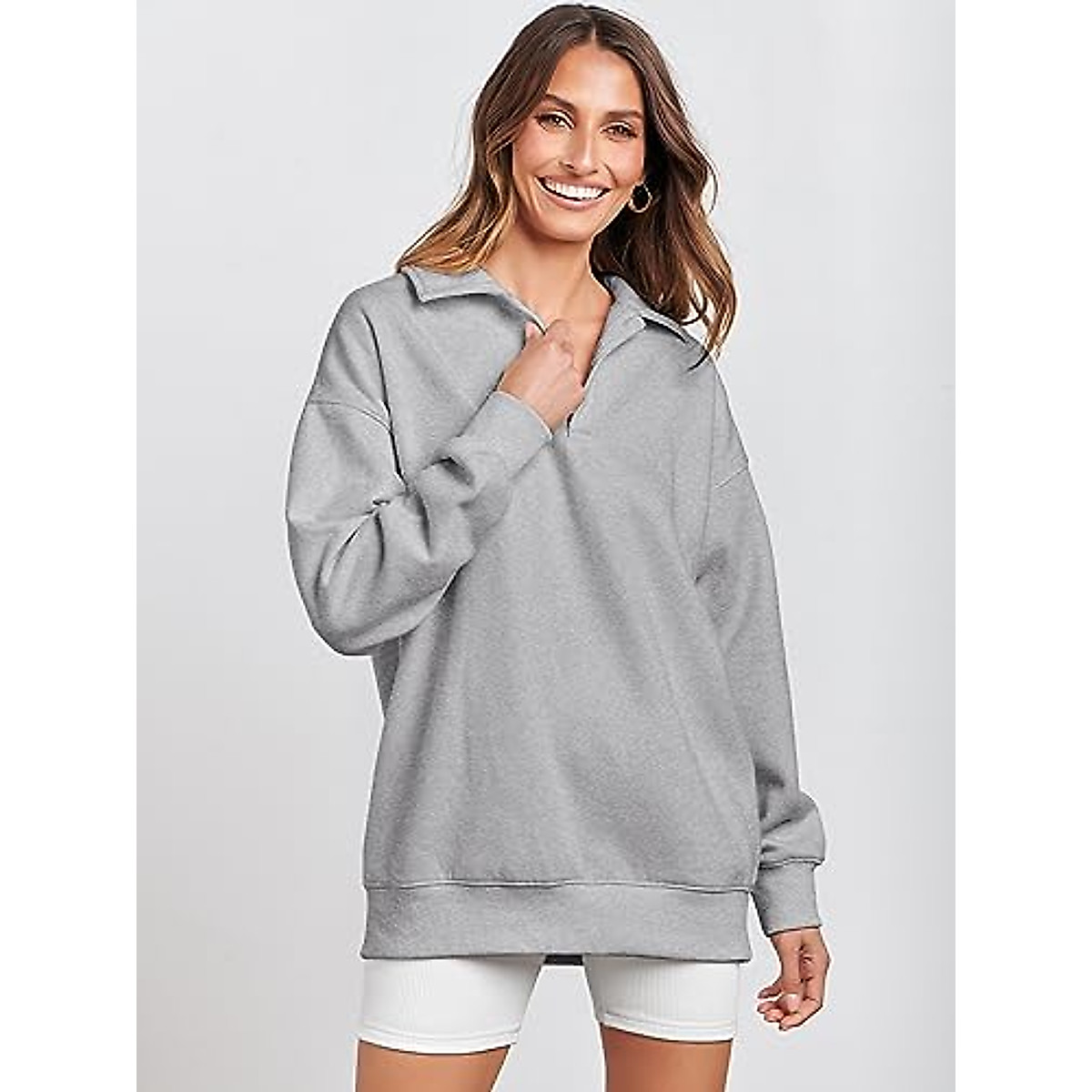 Caracilia Womens Oversized Sweatshirts Fleece Cute Pullover Long Sleeve Dressy Casual Shirts Comfy Hoodie Fall Tops Lightweight Buttons Down Sweatshirt 2023 Fashion Clothes C113A8-huahui-L Grey