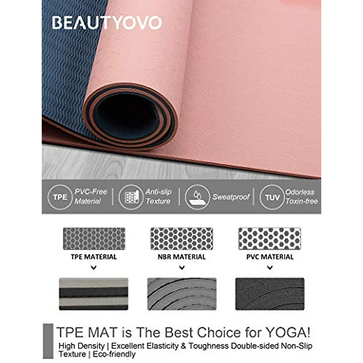 Yoga Mat with Strap, 1/3 Inch Extra Thick Double-sided Non Slip, Professional TPE Mats for Women Men, Workout Yoga, Pilates and Floor Exercises