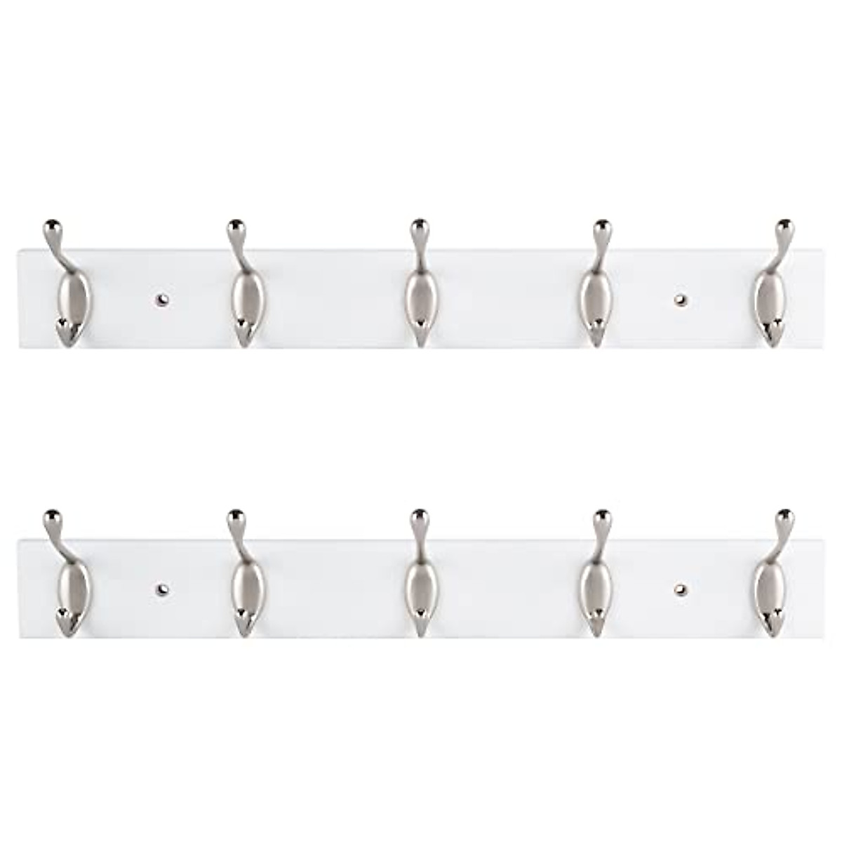 ROOREVO Wall Mounted Coat Rack with 5 Hooks - 2 Pack - Wall Coat Hooks Wall Hat Hanger, Satin Nickel & White