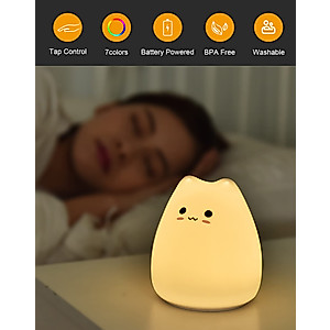 LED Cat Night Light, Battery Powered Night Light for Kids, Silicone Multicolor Cute Cat Lamp with Warm White and 7-Color Breathing Mode, Christmas Gifts for Kids, Baby, Children, Lady (Cute Cat)