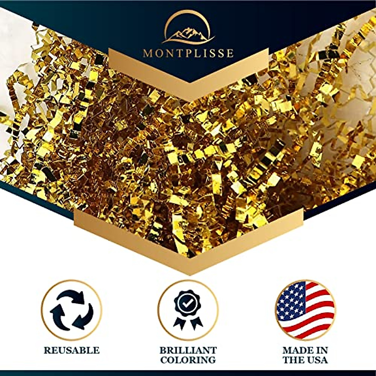 Montplisse Gold Crinkle Paper, 1 LB. Bag. Gold Crinkle Cut Paper Shred filler gold for Gift Box & Baskets, Wedding & Christmas Gifts. Gold Shred for 4 gift boxes.