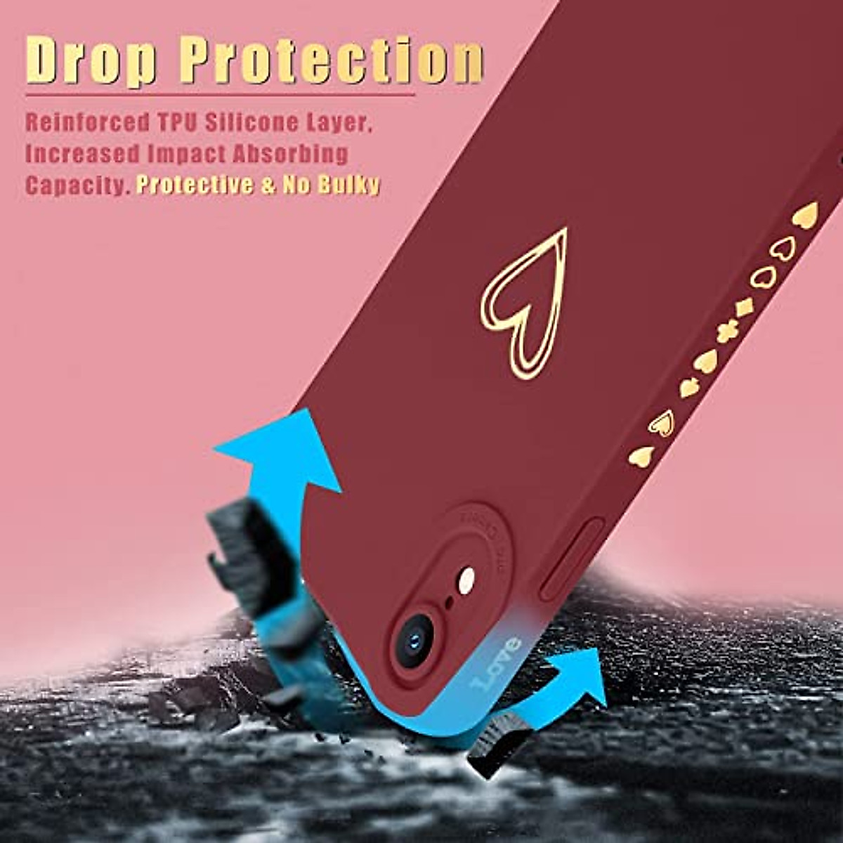 Teageo iPhone Xr Case 6.1" for Women & Girls, Luxury Love Heart, Soft Anti-Scratch Camera Protective, Silicone Shockproof Cover - Burgundy