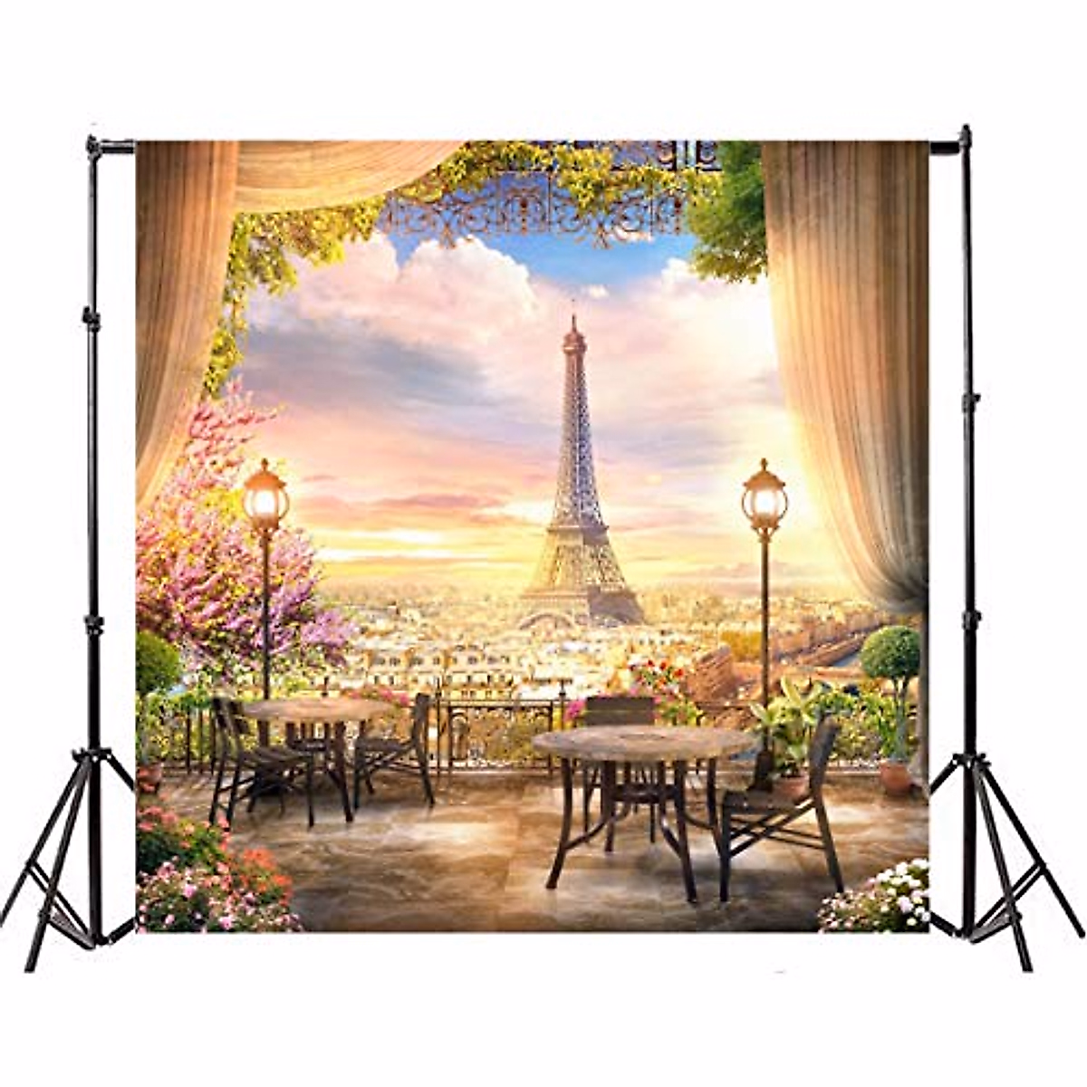 Leowefowa 5X5FT Vinyl Backdrops Photography Background Eiffel Tower Wooden Chair Desk Curtain Flowers Romantic Backdrop for Kids Lover 1.5(W) X1.5(H) M Photo Studio Props