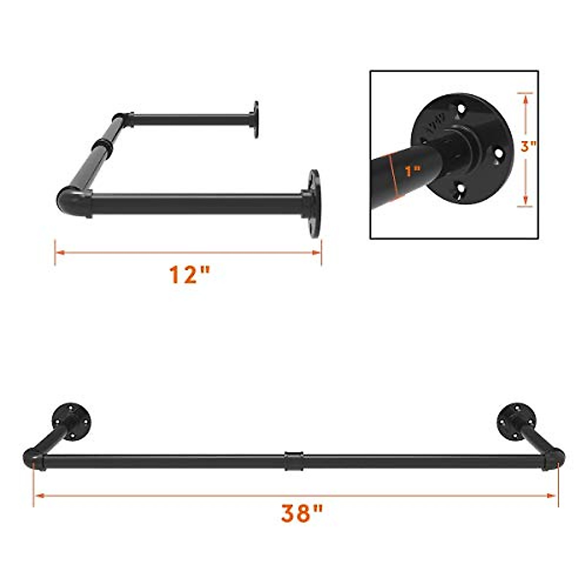 MY RUSTIC Industrial Pipe Clothes Rack-43 Inch, Heavy Duty Detachable Wall Mounted Black Iron Garment Bar, Multi-Purpose Hanging Rod for Closet Storage, Black- 43" L (43" L x 12" W) 41 (black 1)