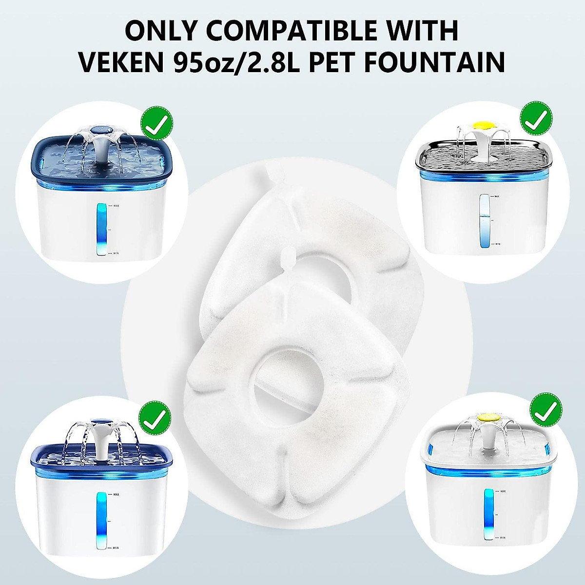 Premium Pet Fountain Filter Set,14 Pack Replacement Filters & 14 Pack Filtration System Replacement Pre-Filter Sponges for Veken 95oz and 67oz Automatic Pet Fountain Cat&Dog Water Fountain