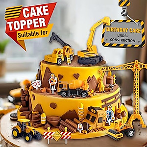 Oriate Construction Car Toys for Kids, Die Cast Construction Vehicles Toy Set Educational Mini Flatbed Trailer Excavator Bulldozer Forklift Trucks Road Signs, Birthday Gift Toys