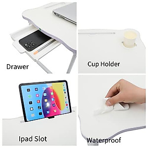 Foldable Laptop Bed Table Lap Desk Stand, Serving Tray Dining Table with Slot, with Foldable Legs & Cup Slot，Notebook Stand Holder, Working, Watching Movie on Bed/Couch/Sofa/Floor (White)