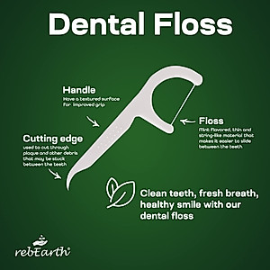 rebEarth Natural Dental Floss Picks - Oral Care Dental Pick w/Mint Flavored Toothpicks, 2-in-1 Natural Floss & Toothpicks, Plant-Based Dental Flossers, Tooth Floss Picks w/Tongue Cleaner (200 Count)