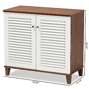 BOWERY HILL Modern 2 Doors Shoe Cabinet, 12 Pairs Shoe Rack Storage Organizer in White and Walnut Finish