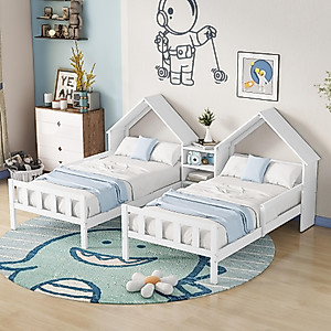 Harper & Bright Designs Double Twin Bed Frames for Kids,Wood Double Twin House Bed with House-Shaped Headboard and a Built-in Nightstand, Side by Side Montessori Twin Bed for Kids Girls Boys,White