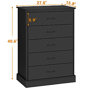 EPHEX Tall Dresser with 5 Drawers for Bedroom, Storage Tower Clothes Organizer, Black Chest of Drawers with Sturdy Pedestal, 27.6'' W x 15.8'' D x 40.2'' H