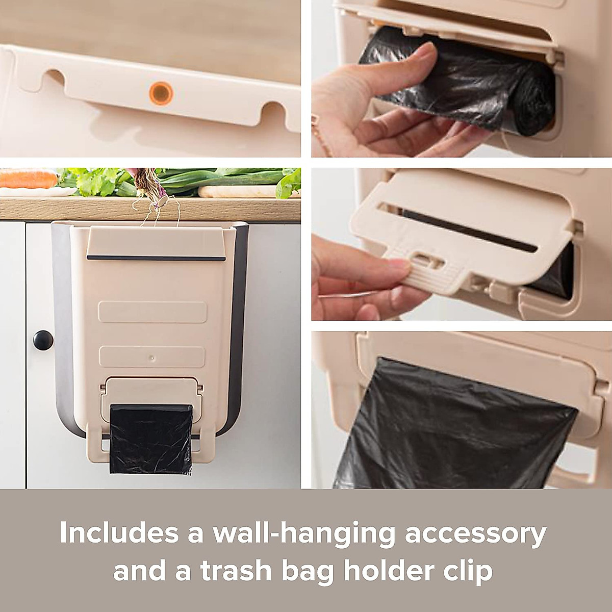 Hanging Kitchen Trash Can - Expandable Garbage Can for Kitchen Cabinet - Food Waste Trash Bin w/ Trash Bag Dispenser & Towel Hanger - Space-saving Compost Bin & Under Sink Trash Can | 9-Liter/2.4 Gal, Brown