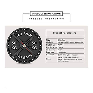 YUYANG Wall Clock 12 Inch No Pain No Gain 50Kg Barbell Modern Printed Acrylic Wall Clock Weight Lifting Dumbbell Bodybuilding Wall Watch Gym Decor Gift Sports Wall Clock