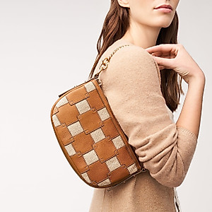 Fossil Women's Jolie Leather & Fabric Small Shoulder Bag Purse Handbag, Natural/Saddle Patchwork w/ Chain (Model: ZB1869194)