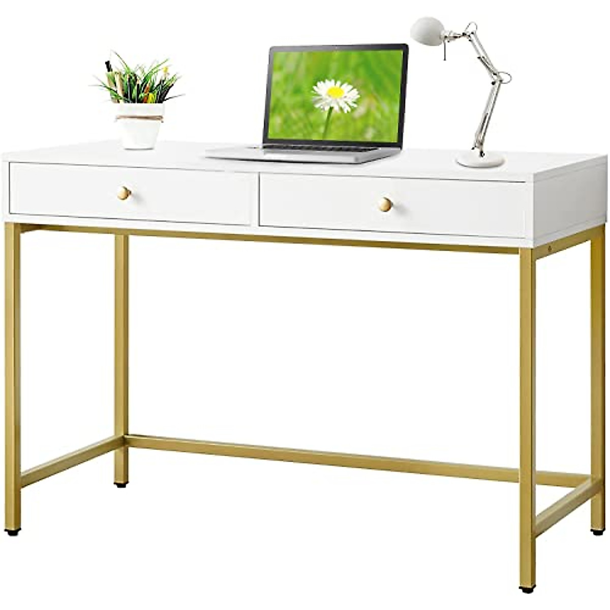 White-Vanity-Desk with 2 Drawers, White/Gold Home-Office-Desks Glossy Desktop Makeup-Vanity-Table Modern Writing Computer Standing Desk with Wood Top and Metal Frame for Home Office Bedroom Furniture