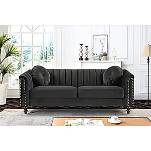 US Pride Furniture 75'' Mid-Century Modern Velvet Sofa Chesterfield Inspired Luxury 3 Seater Couch for Living Room with Removable Cushions and Turned Wood Legs, Black