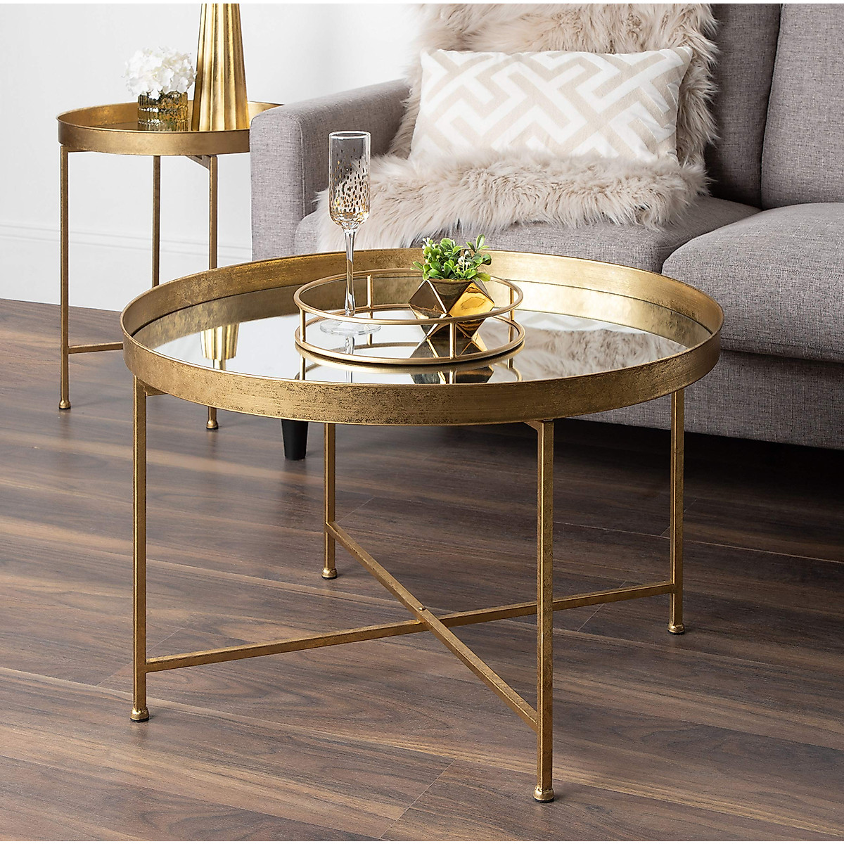 Kate and Laurel Celia Metal Foldable Round Accent Coffee Table, 28.25" x 28.25" x 19", Mirrored Surface and Gold Frame, Modern Minimalist Design and Detachable Magnetic Tabletop