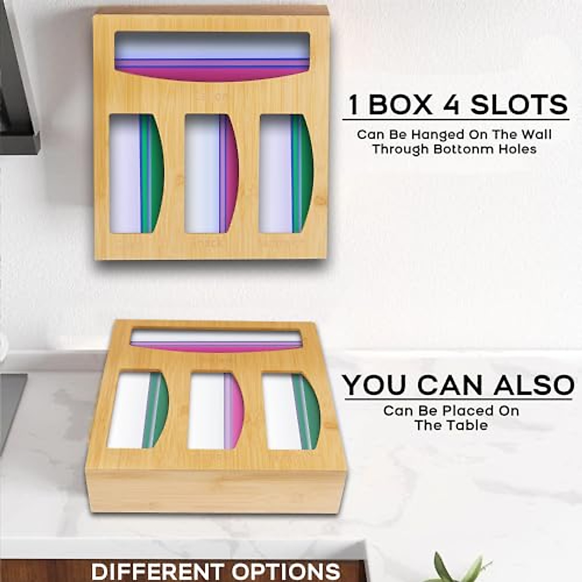 ARSHOPHIVE Bag Storage Organizer for Kitchen Drawer, Bamboo Organizer, Compatible with Gallon, Quart, Sandwich and Snack Variety Size Bag (1 Box 4 Slots) (Natural)