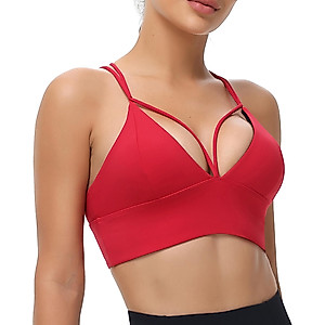 MotoRun Womens Push-up Padded Strappy Sports Bra Cross Back Wirefree Fitness Yoga Top Red-383 M