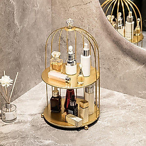 Menolana Bird Cage Dresser Organizer, Bathroom Makeup Holder, Nordic Perfume Lipstick Cosmetics Iron Storage Rack Cupcake Stand for Bathroom Countertop, gold 2 tier