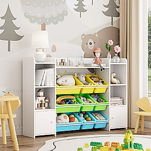 FOTOSOK 55'' Large Toy Storage Organizer with 9 Toy Bins, Toy Organizers and Storage with Shelf and 6 Storage Cubbies, Bookshelf, Playroom Organization and Storage Bins, Yellow/Green/Blue