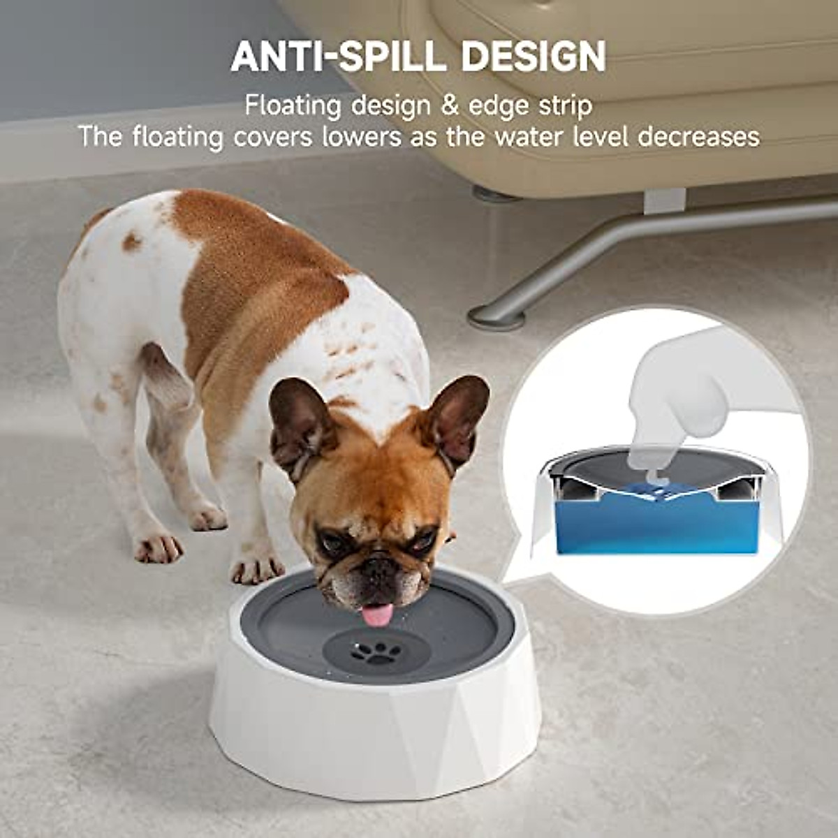 ELS PET Dog Bowl No Spill, Pet Water Bowl No Drip Slow Water Feeder Cat Bowl, Pet Water Dispenser 70oz/2L Large Capacity Travel Water Bowl for Dogs, Cats (Grey with Filter, 1L)