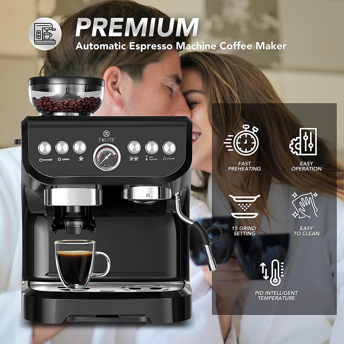 Trustmade Premium Espresso Machine Coffee Maker with Milk Frother, Coffee Grinder, Commercial Coffee Maker Automatic Stainless Steel, Removable Parts for Easy Cleaning，15 Bar