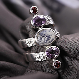 NOVICA Artisan Handmade Multigemstone Cocktail Ring Silver Moonstone Artisan with Amethyst Garnet Sterling Multicolor Purple Red White India Orchid Birthstone [ring Front 1.3 in L x 0.4 in W x 0.3 In]