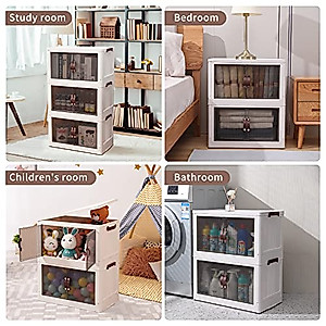 Collapsible Storage Bins with Lids Magnetic Door 55 Qt Clear Stackable Storage Bins with Wheels Plastic Storage Bins with Front Opening Folding Storage Bins for Bedroom Living Room Office(1 Pack)