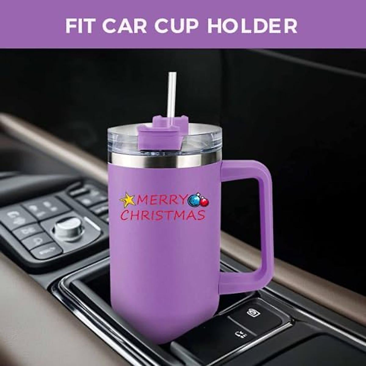 LB LEOBON 40 ounce insulated cup with handle, double-layer vacuum stainless steel material, equipped with straw, can keep warm or maintain cold drinks Merry Christmas Stars Balls Deep purple